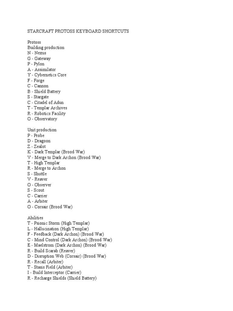 Starcraft Protoss Keyboard Shortcuts | PDF
