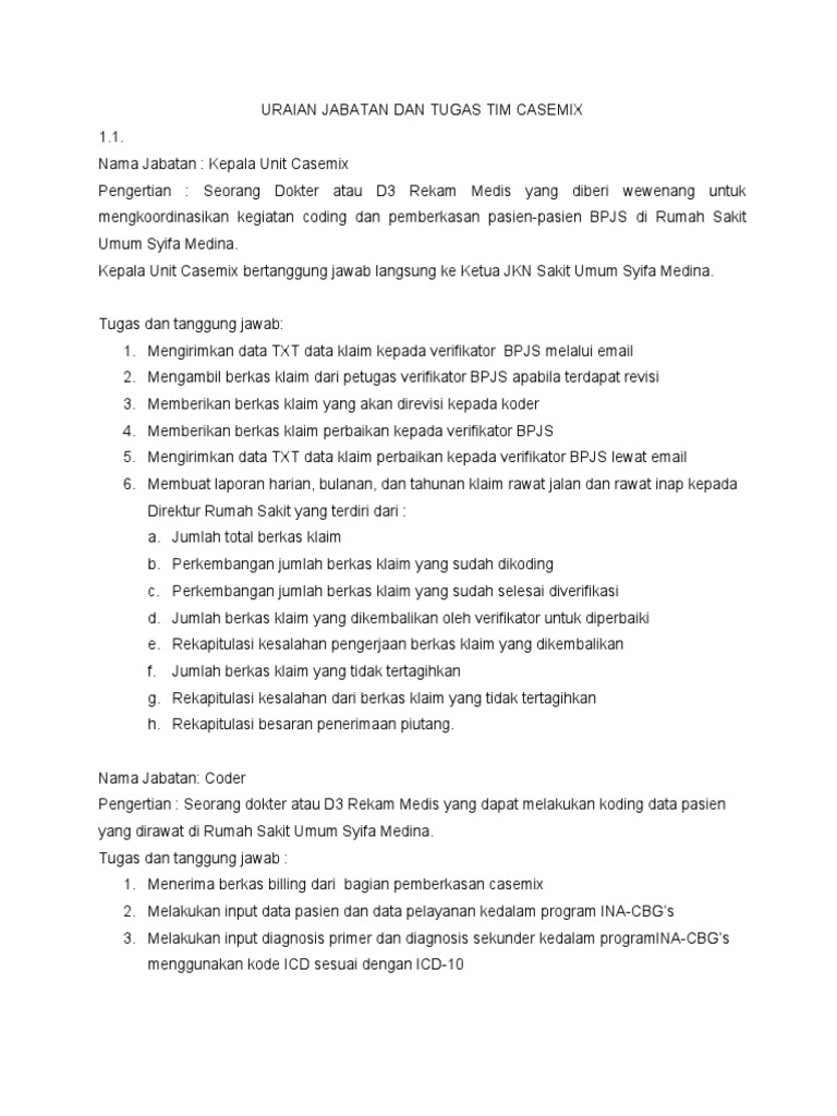 Uraian Jabatan Dan Tugas Tim Casemix | PDF