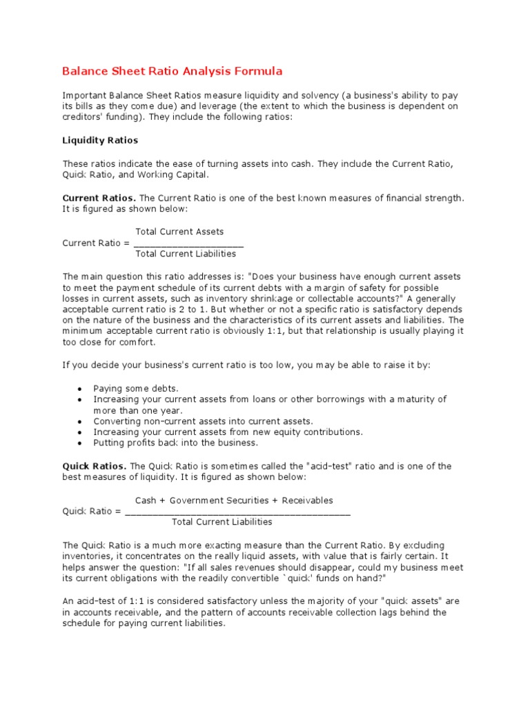Balance Sheet Ratio Analysis Formula | PDF | Teaching Mathematics | Working Capital