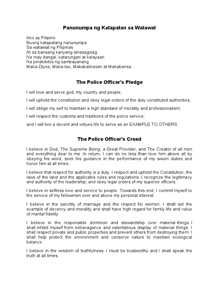 Panunumpa NG Katapatan Sa Watawat & PNP Police Officer's Pledge | PDF