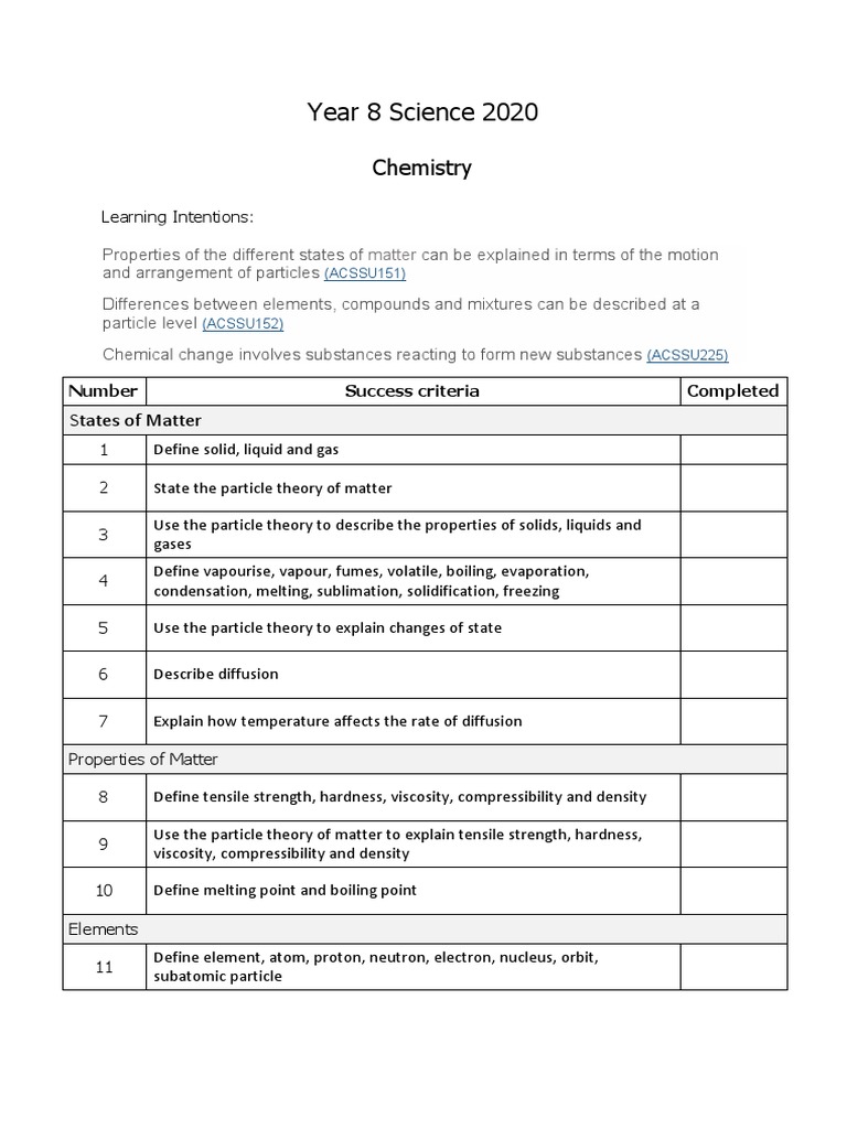 Year 8 Chemistry: Matter & Changes | PDF | Chemical Substances ...