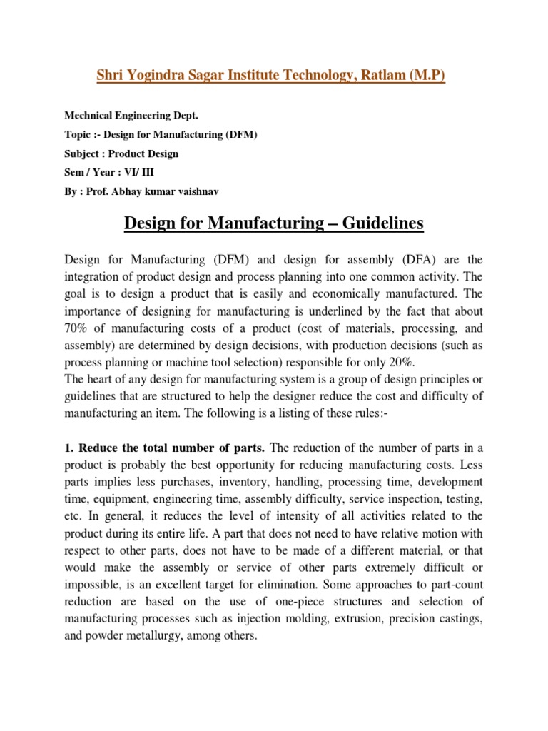 Design For Manufacturing - Guidelines: Shri Yogindra Sagar Institute ...