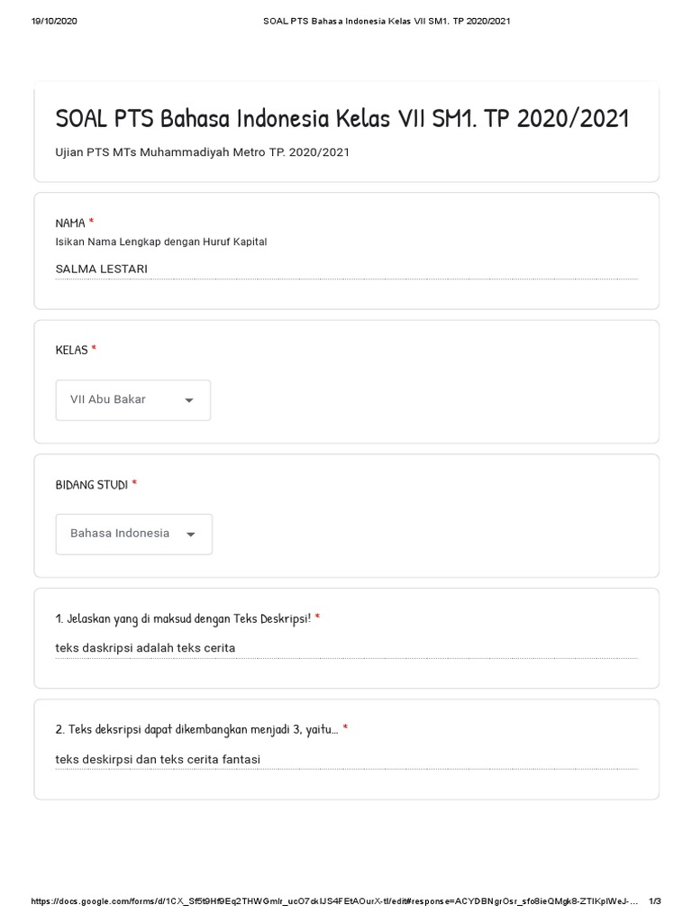 Soal PTS Bahasa Indonesia VII - Google Formulir | PDF | Seni