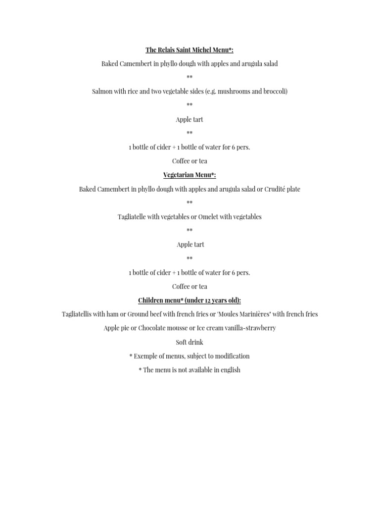 Relais Saint Michel Sample Menus | PDF | Cooking, Food & Wine