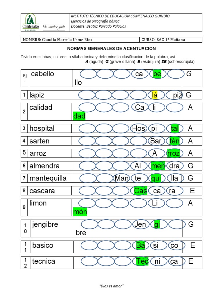Acentuacion General Ejercicios Division de Silabas, Claudia Marcela ...