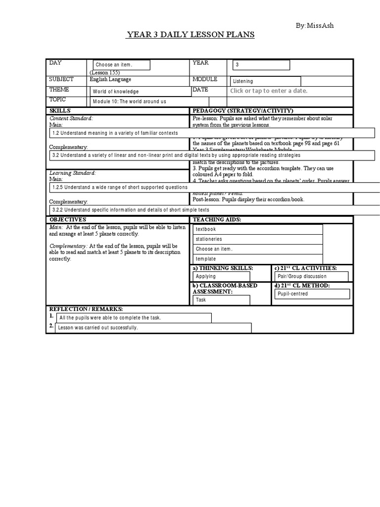 Year 3 Daily Lesson Plans: By:Missash | PDF