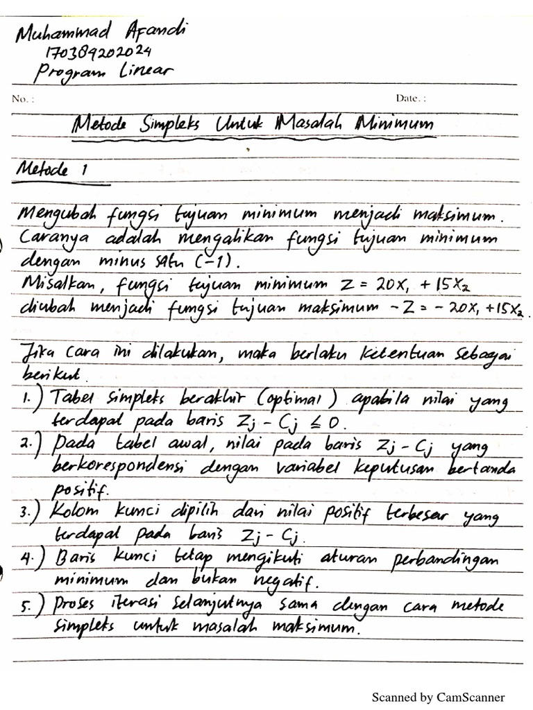 Metode Simpleks Untuk Masalah Minimum-Muhammad Afandi-170384202024 | PDF