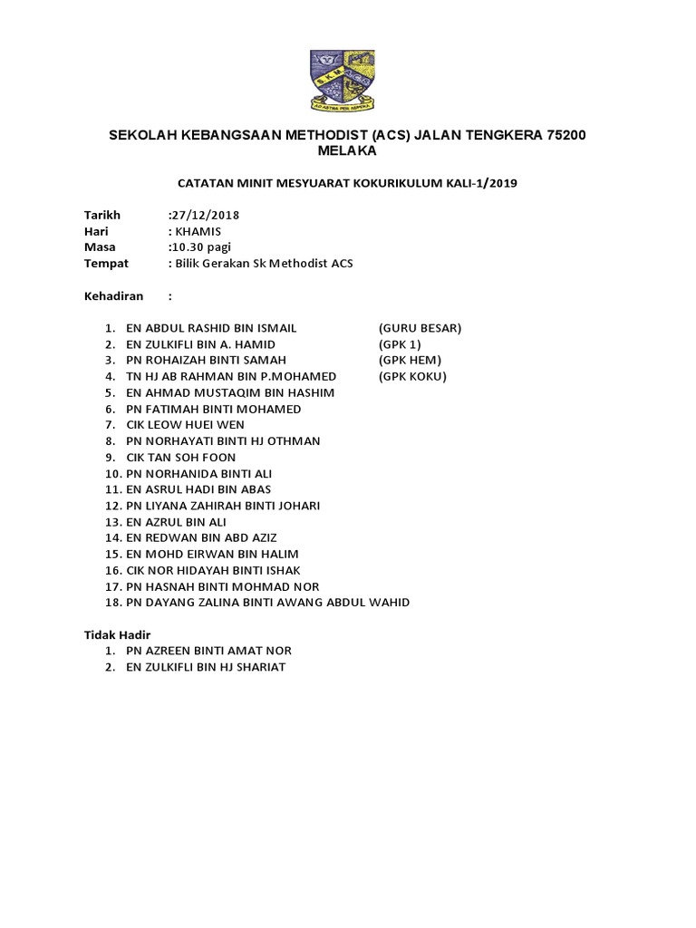 Minit Mesyuarat Kali Pertama 2019 Koku | PDF
