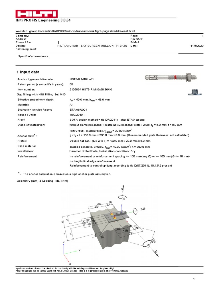 Analysis of anchor forces for a Hilti HST3-R M10 anchor installed in cracked concrete (C40/50 ...