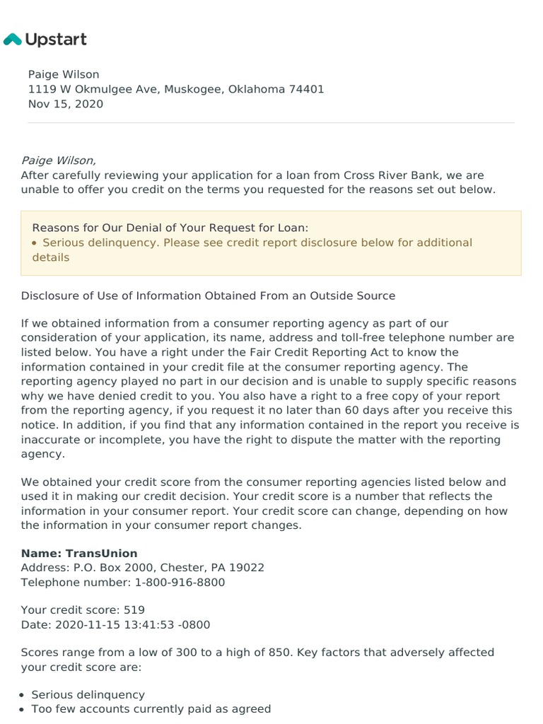 Notice of Denial of Loan Application and Disclosure of Credit Score ...
