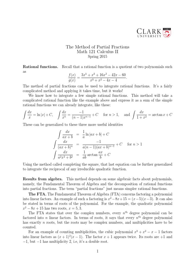 The Method of Partial Fractions Math 121 Calculus II | PDF | Factorization | Polynomial