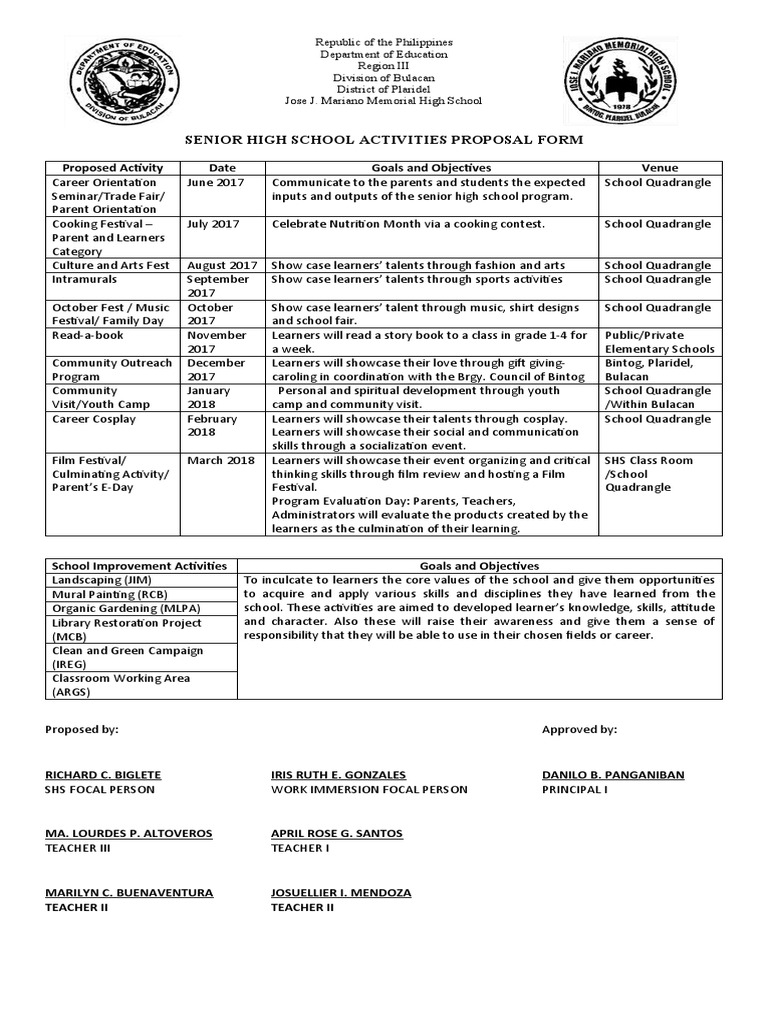 Senior High School Activities Proposal Form Pdf Pedagogy Learning