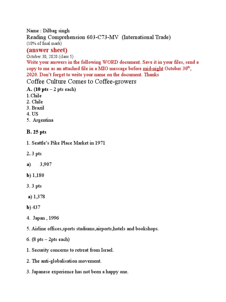 (Answer Sheet) : Coffee Culture Comes To Coffee-Growers | PDF | Games ...