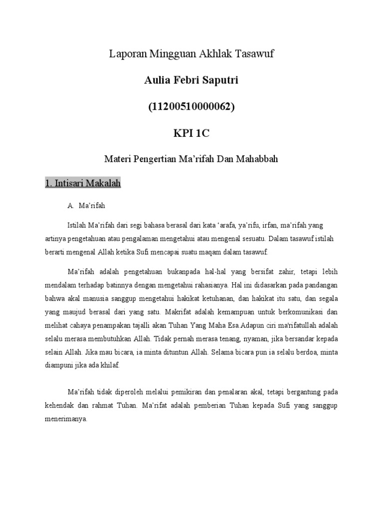 Laporan Mingguan Akhlak Tasawuf Aulia Minggu Ke-10 | PDF