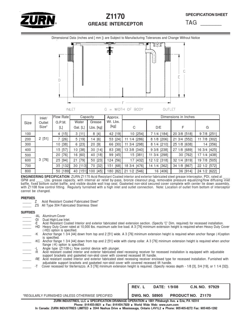 Grease Interceptor: Specification Sheet | PDF | Manufactured Goods ...
