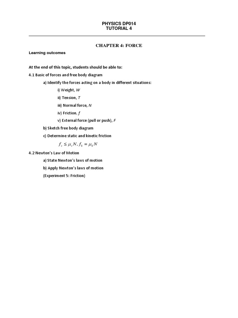 Chapter 4: Force: Physics Dp014 Tutorial 4 | PDF | Friction | Force