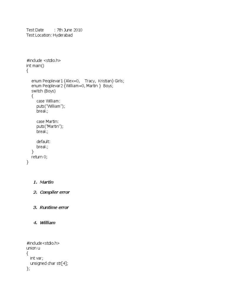 Martin 2. Compiler Error 3. Runtime Error 4. William | PDF | Software Engineering | Pointer ...