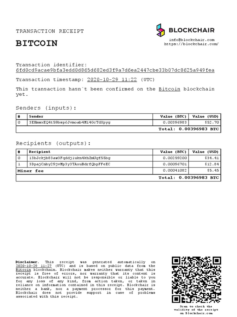 Bitcoin: Transaction Receipt | PDF