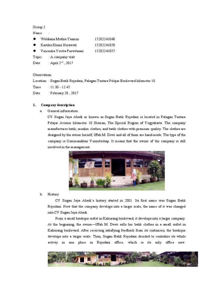 Sogan Batik Rejodani Company Visit | PDF | Sewing | Marketing