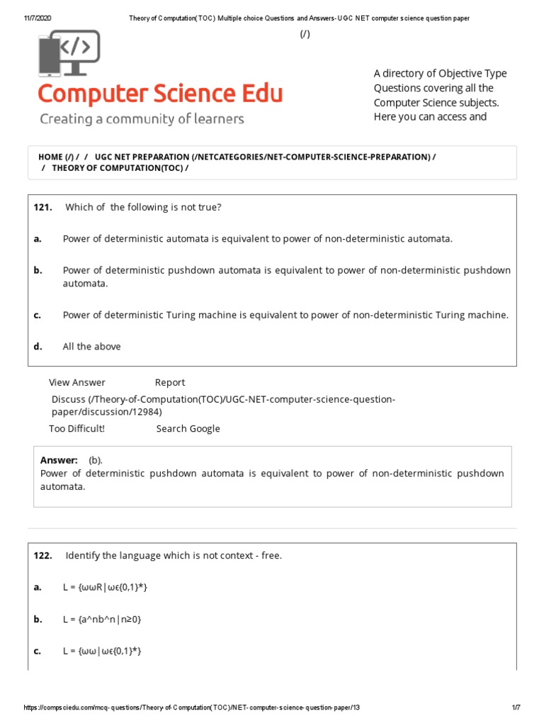 Theory Of Computation Toc Multiple Choice Questions And Answers Ugc Net Computer Science 