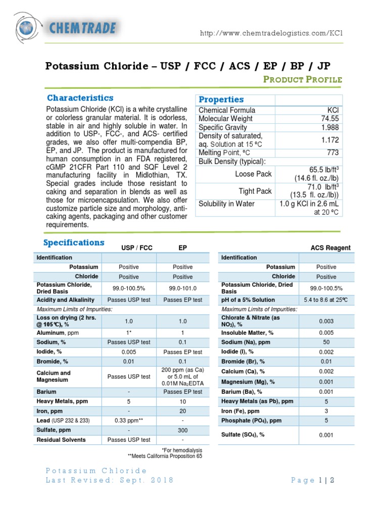 Potassium Chloride - USP / FCC / ACS / EP / BP / JP: Properties ...