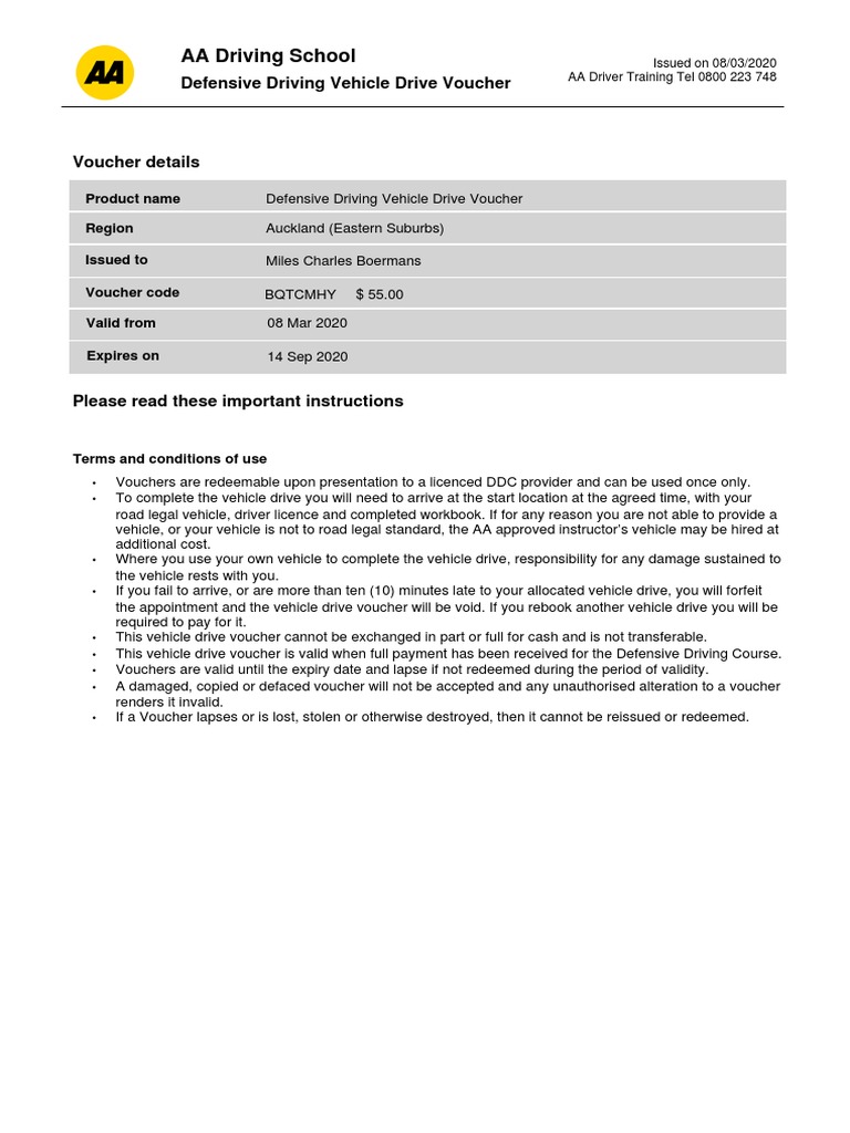 AA Driving School: Defensive Driving Vehicle Drive Voucher | PDF