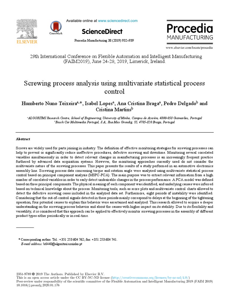 Screwing Process Analysis Using Multivariate Statistical Process Control | Download Free PDF ...