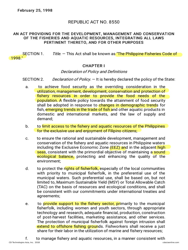 RA 8550 The Philippine Fisheries Code of 1998 | PDF | Coral | Sea