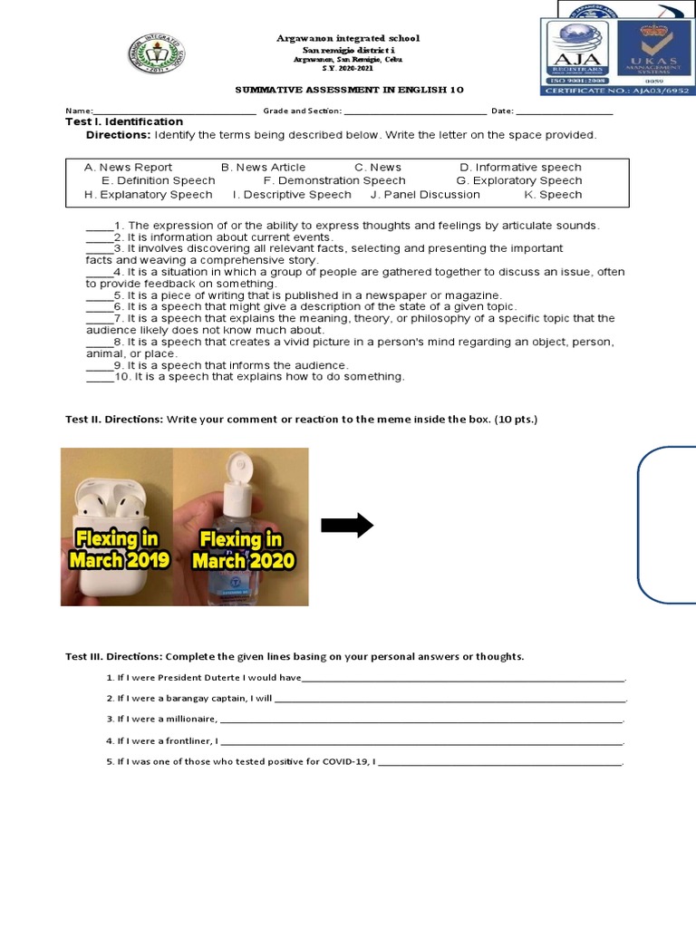 Test I. Identification Directions: Identify The Terms Being Described ...