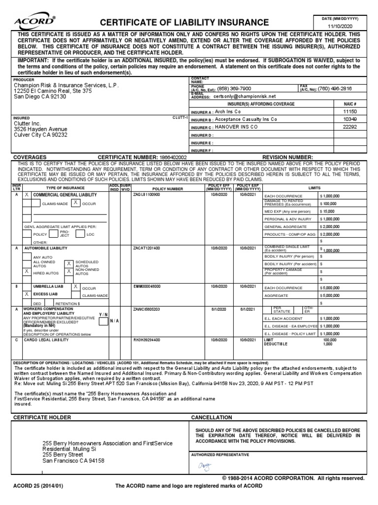 Certificate of Liability Insurance: Naic # Insurer (S) Affording ...