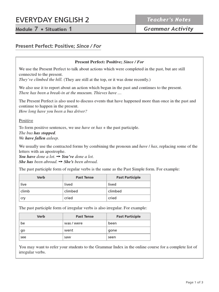 Everyday2 M7 S1 Teacher Grammar | PDF | Perfect (Grammar) | Verb
