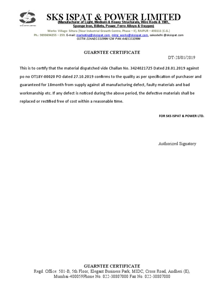 Sks Ispat & Power Limited: Guarntee Certificate | Download Free PDF ...