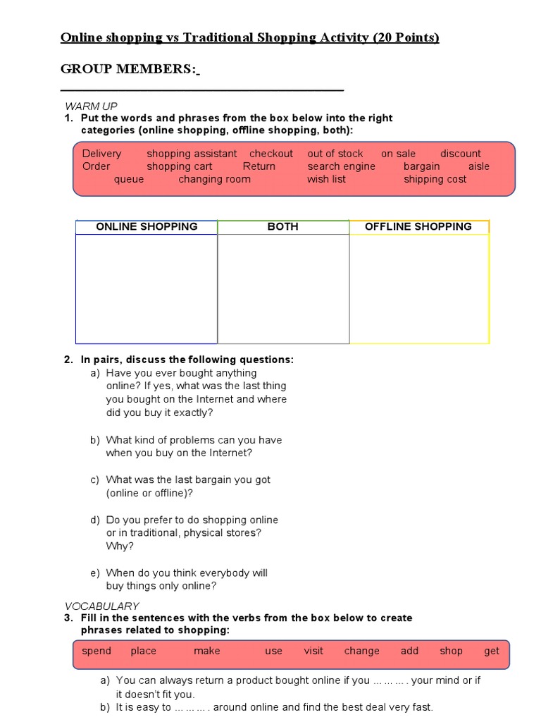 Worksheet 1-Online Shopping Vs Traditional Shopping | PDF | Online ...