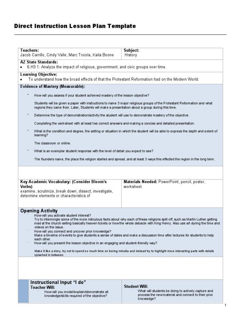 Direct Instruction Lesson Plan Template | PDF | Lesson Plan ...