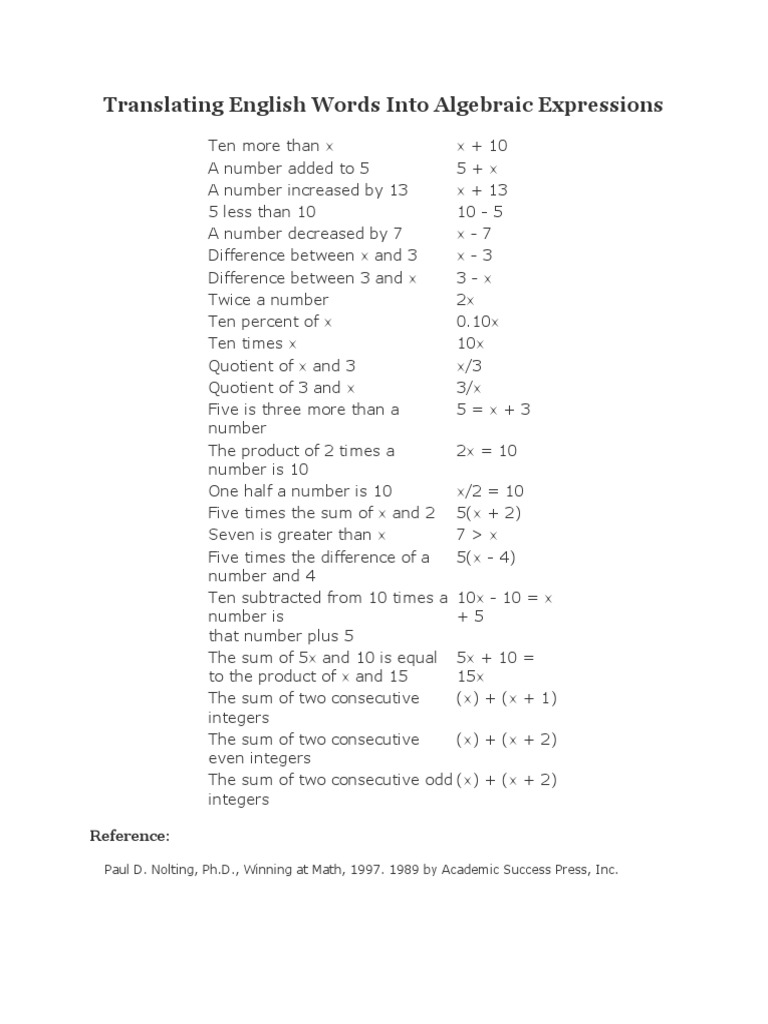 Translating English to Algebraic Expressions | PDF | Numbers | Integer