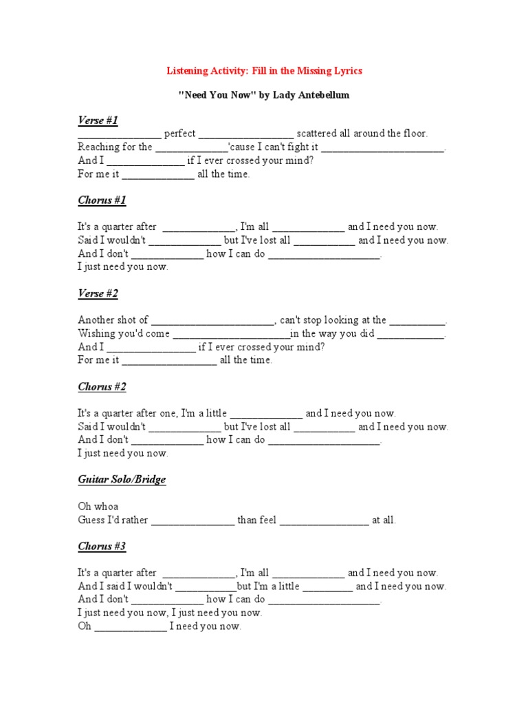 Verse 1 Listening Activity Fill In The Missing Lyrics Pdf