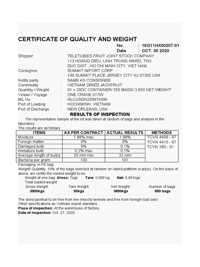 Certificate Of Quality And Quantity