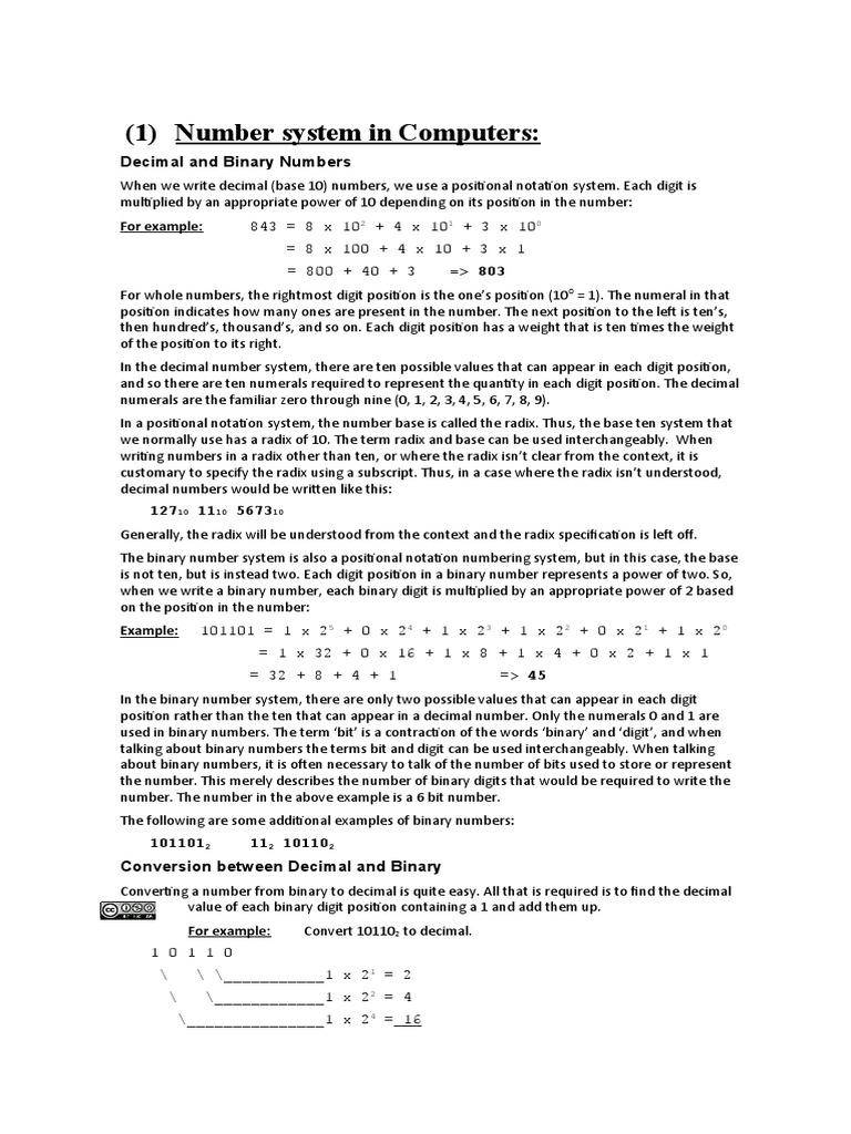 Number System in Computers:: Decimal and Binary Numbers | PDF | Notation | Mathematical Notation