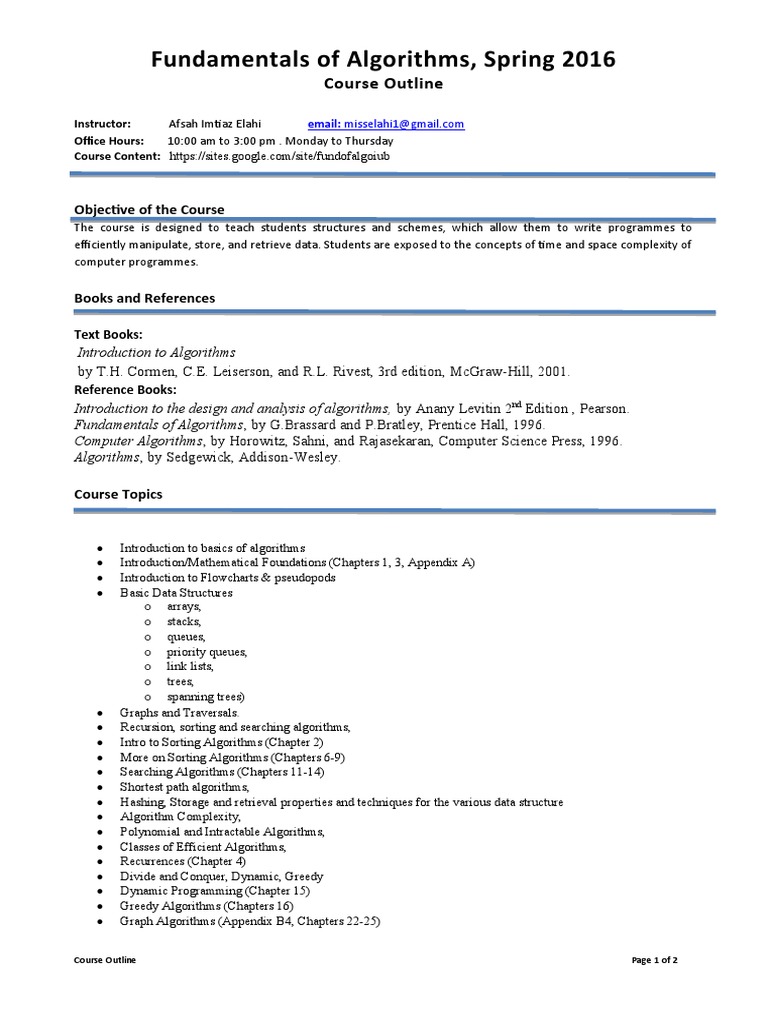 Fundamentals Of Algorithums Outline Bcs 2016 Pdf Algorithms Algorithms And Data Structures