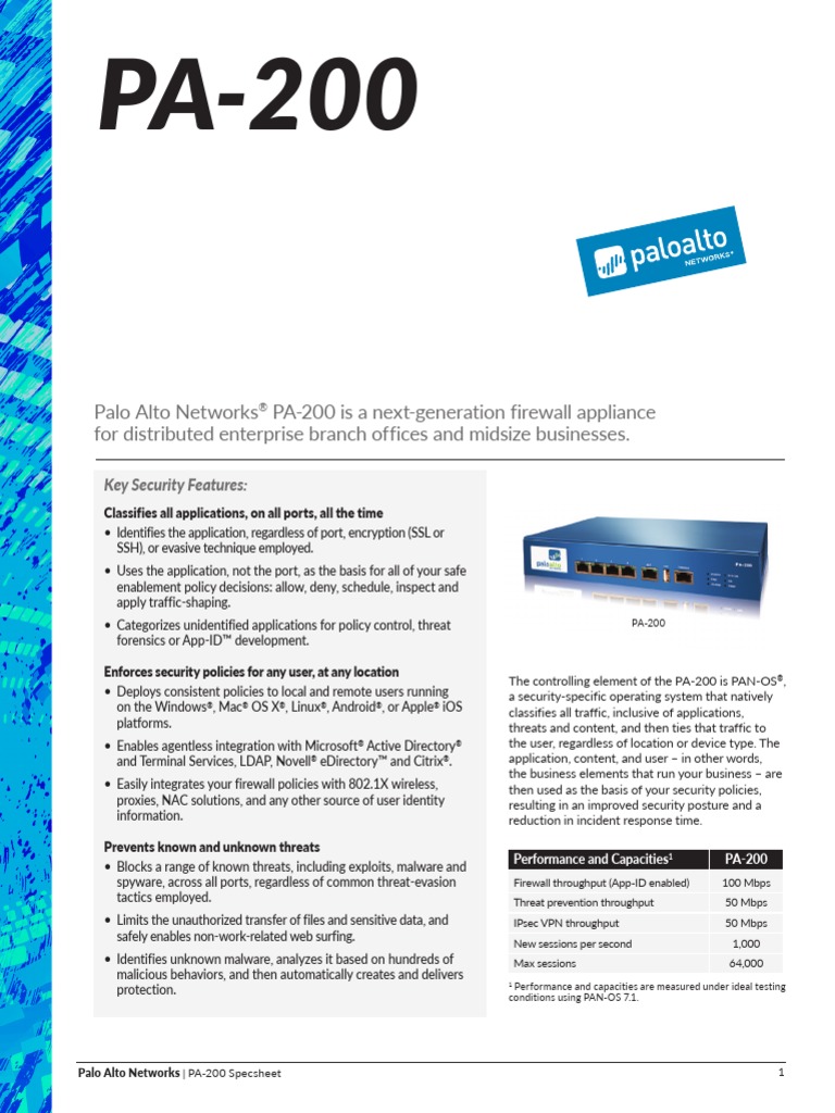 Palo Alto Networks PA 200 Datasheet PDF | PDF | Firewall (Computing) | Computer Network
