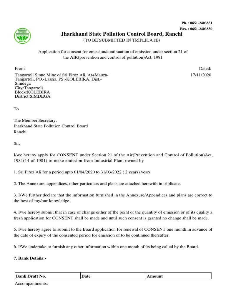 Jharkhand State Pollution Control Board, Ranchi: 7. Bank Details | PDF ...
