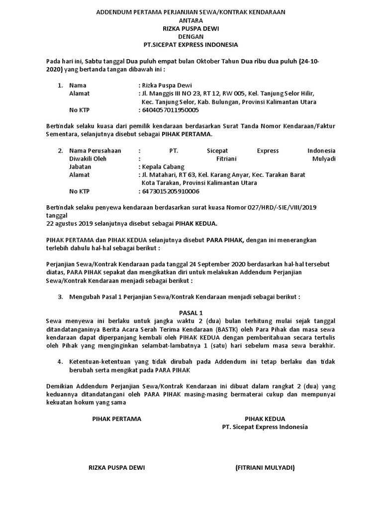 Addendum Pertama Perjanjian Sewa | PDF