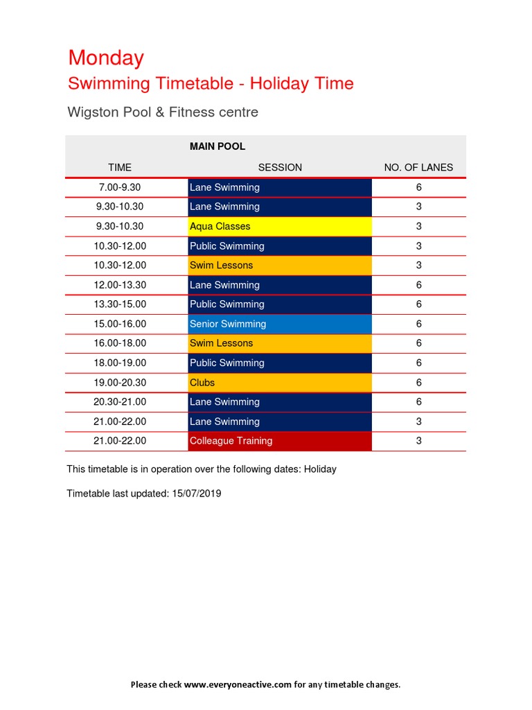 Wigston Pool Holiday Swimming Timetable | PDF | Sports | Leisure