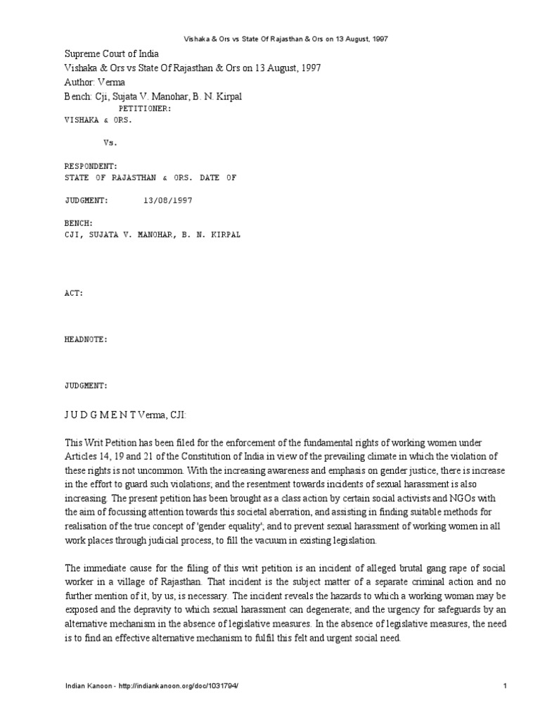 Vishaka Case: Gender Equality Guidelines | PDF | Sexual Harassment ...