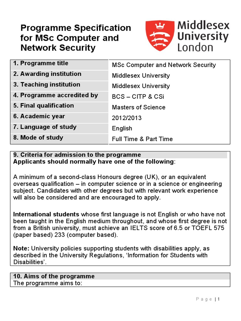 Programme Specification For MSC Computer and Network Security | PDF ...