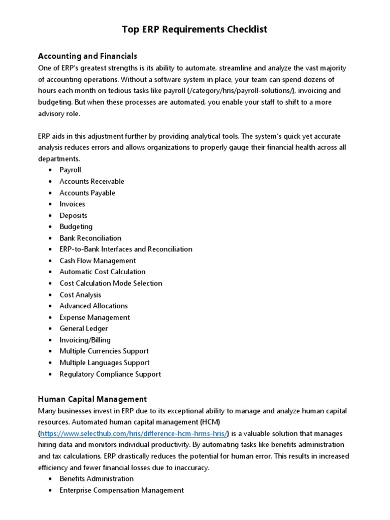Top ERP Requirements Checklist PDF | PDF | Supply Chain Management ...