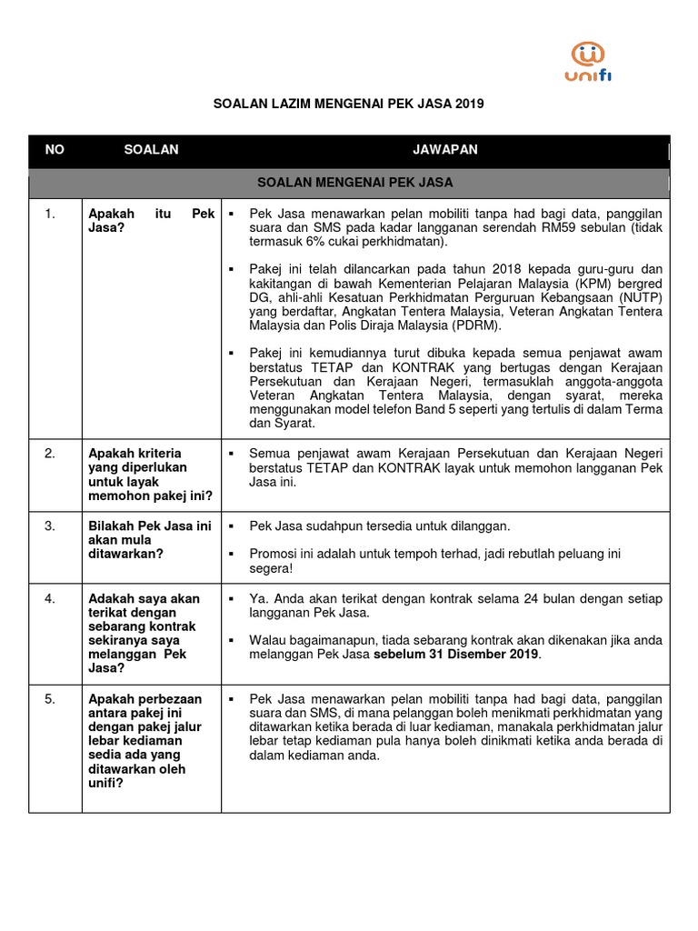 FAQ & TNC Unifi Mobile Jasa Pack 2019 (Open To All Govt Servants) Extended To Contract Staff | PDF