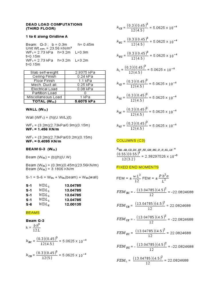 Dead Load Computations (Third Floor) 1 To 6 Along Gridline A | PDF ...