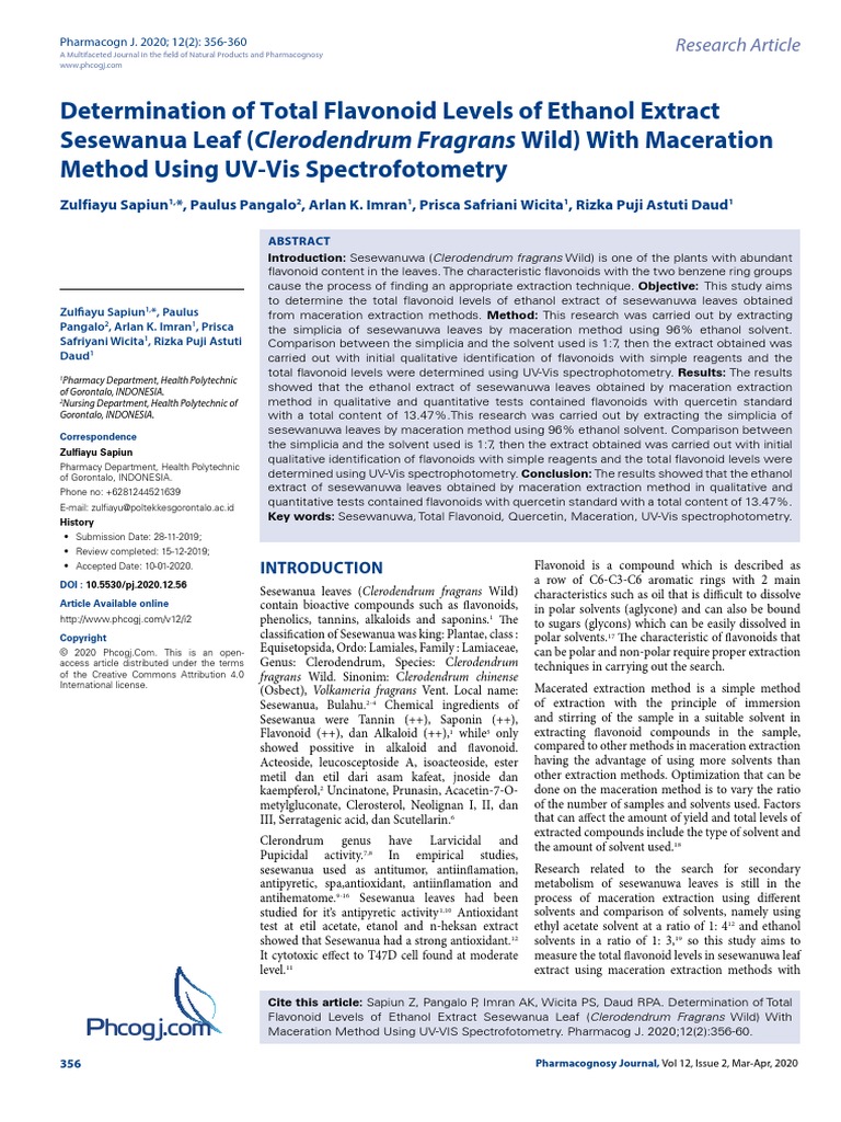 Determination of Total Flavonoid Levels of Ethanol Extract Sesewanua ...