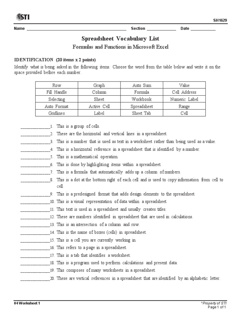 Spreadsheet Vocabulary List: Formulas and Functions in Microsoft Excel ...